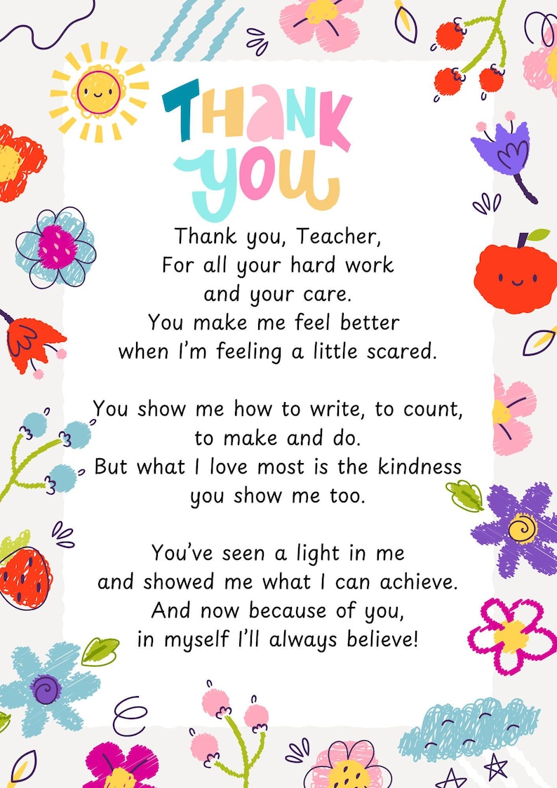 Thank You Teacher Poem - Etsy
