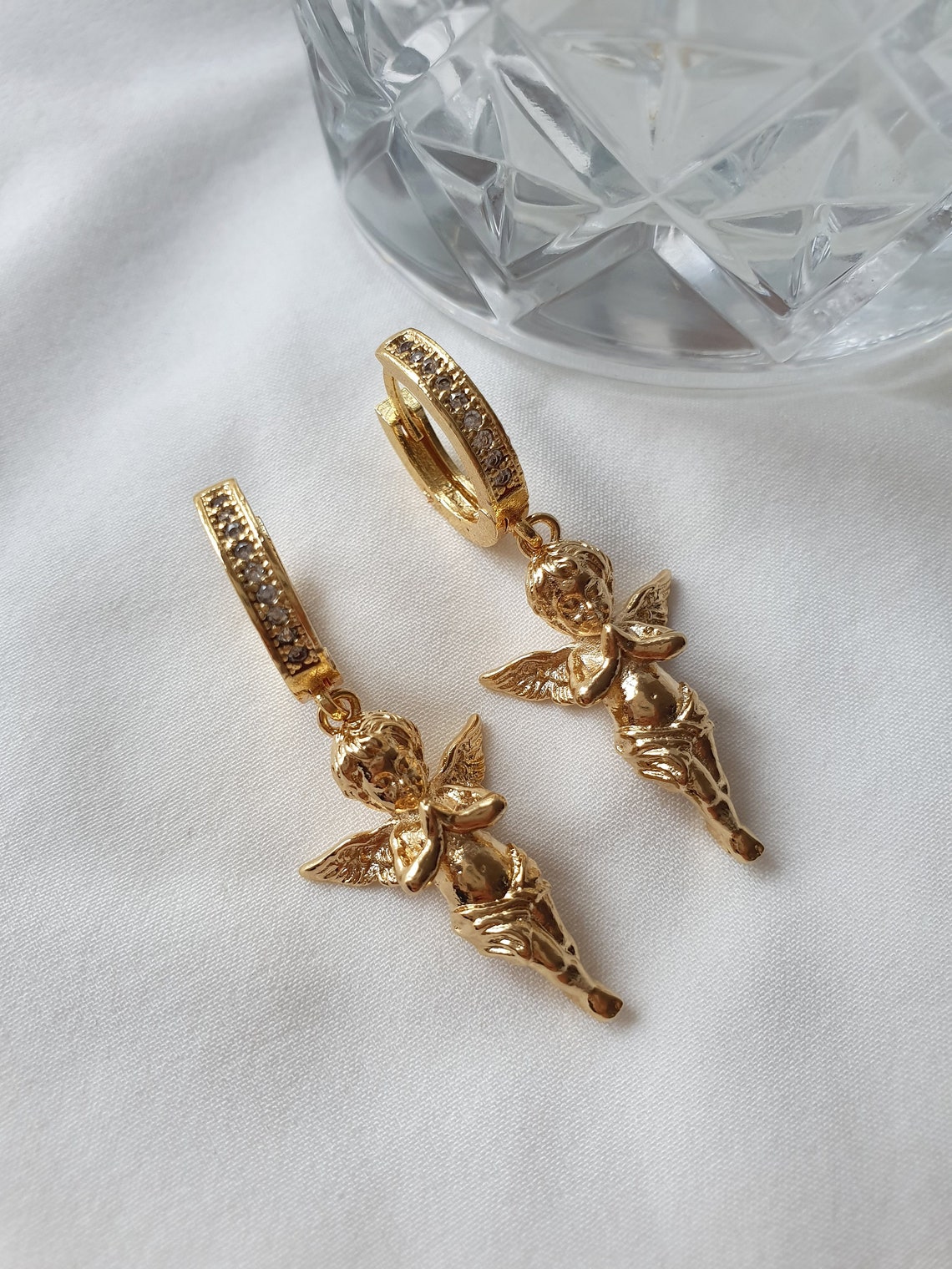 18k Gold Plated Cherubim Baby Angel Charm Dainty Hoop Dangle | Etsy