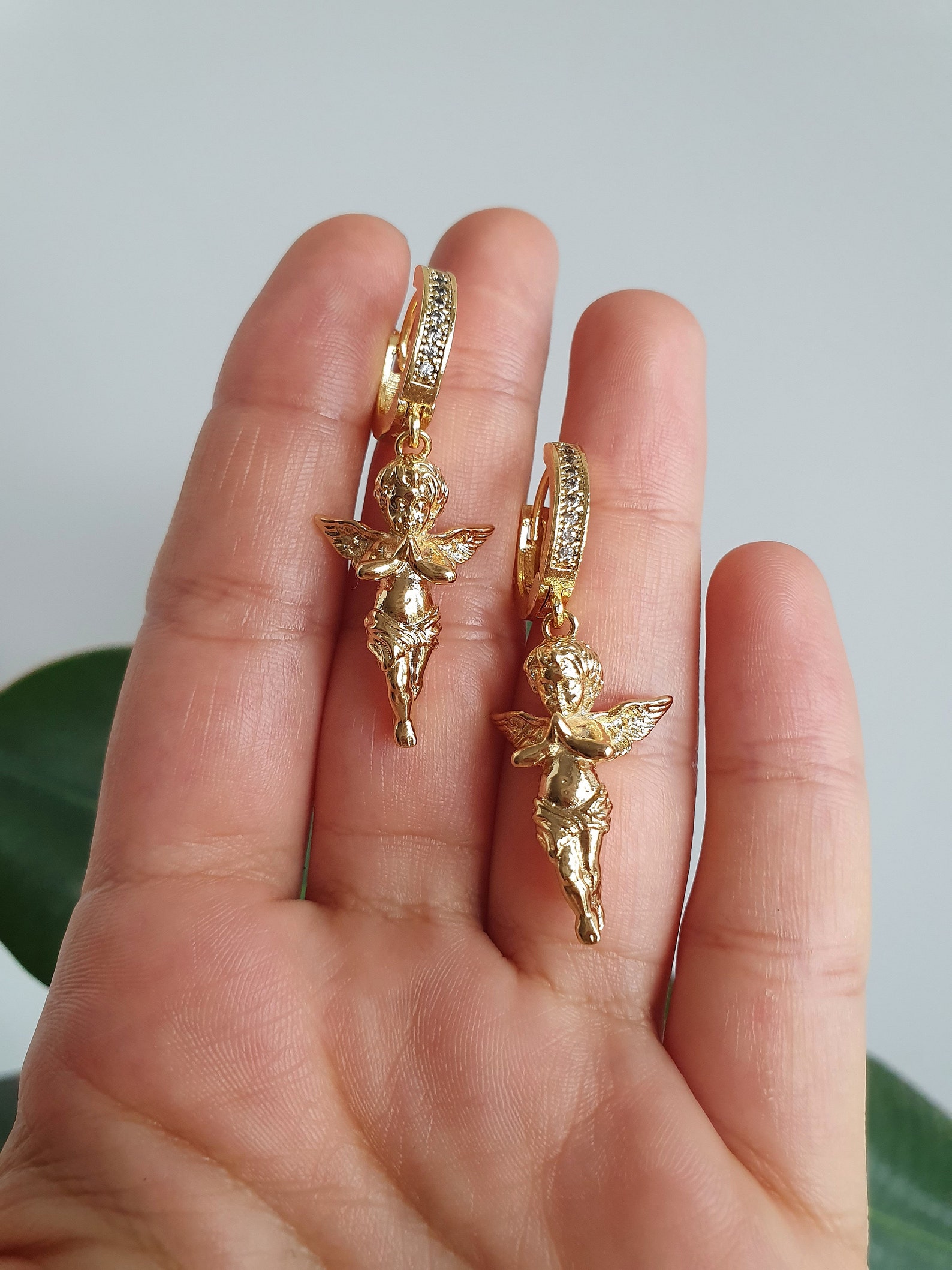 18k Gold Plated Cherubim Baby Angel Charm Dainty Hoop Dangle | Etsy