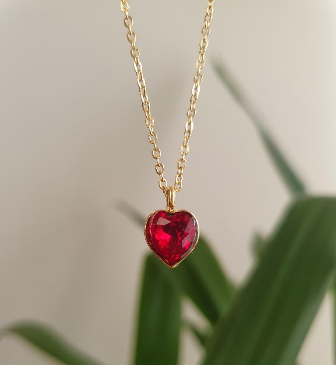 18k Gold Plated Red Crystal Heart Charm Dainty Minimalist Romantic Tiny ...
