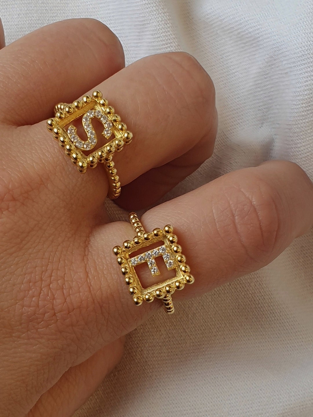 Personalized Square Letter Ring, Crystal Custom Alphabet Ring, Gold ...