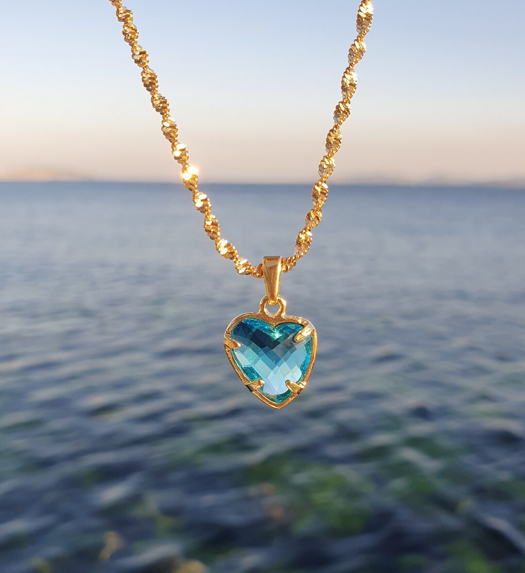 Crystal Heart Charm Necklace, Blue Crystal Heart Pendant, Gold Dainty ...