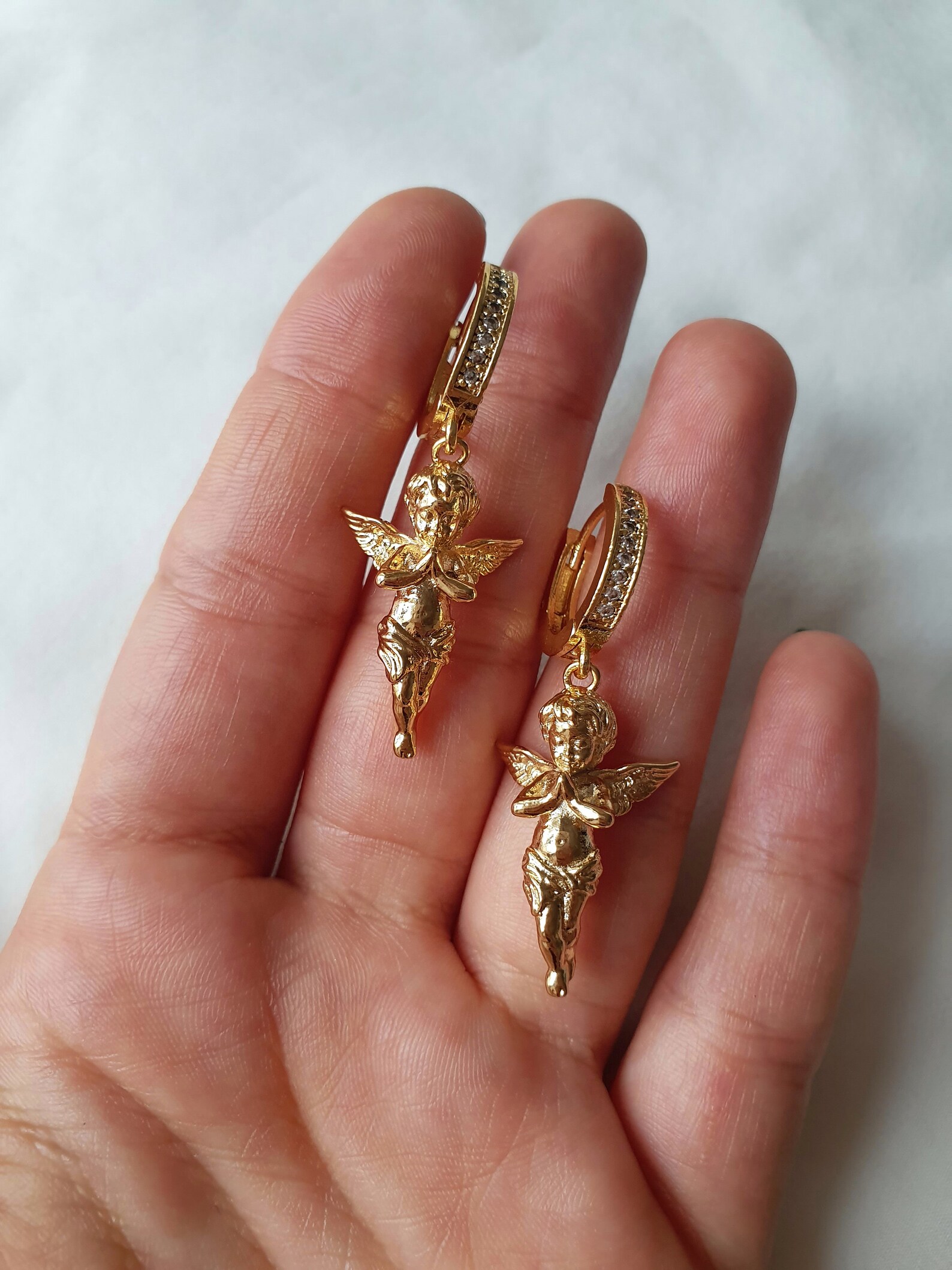 18k Gold Plated Cherubim Baby Angel Charm Dainty Hoop Dangle | Etsy