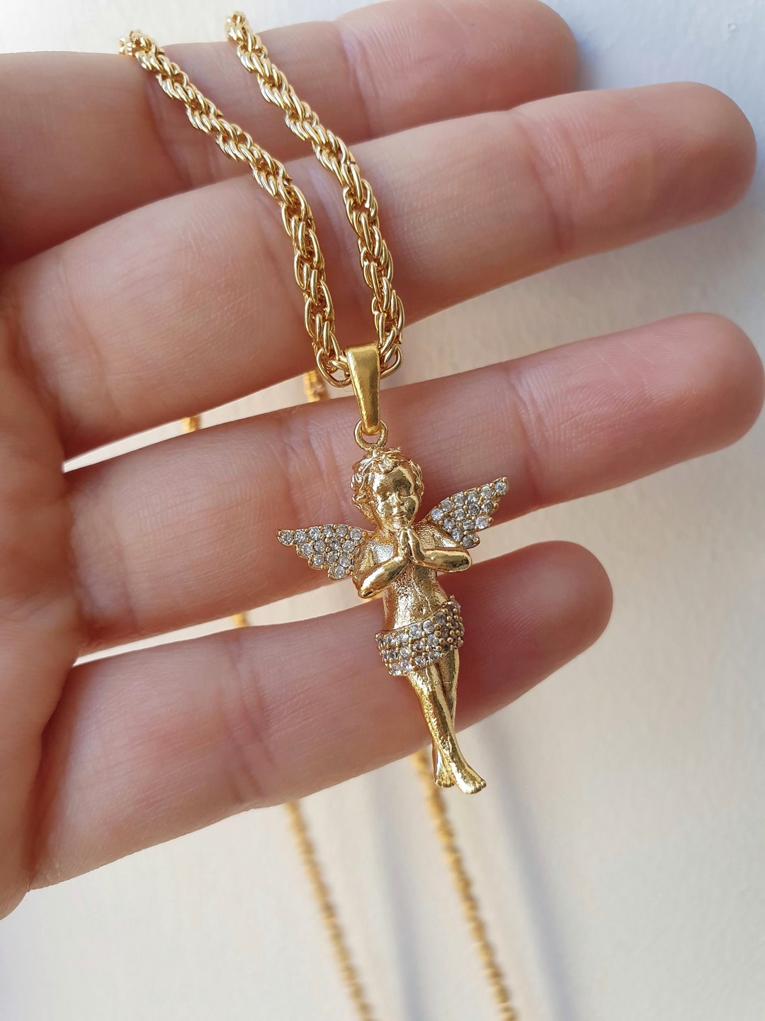 Dainty Baby Angel Cherubim Charm Pendant 18k Gold Plated Pave Stone ...