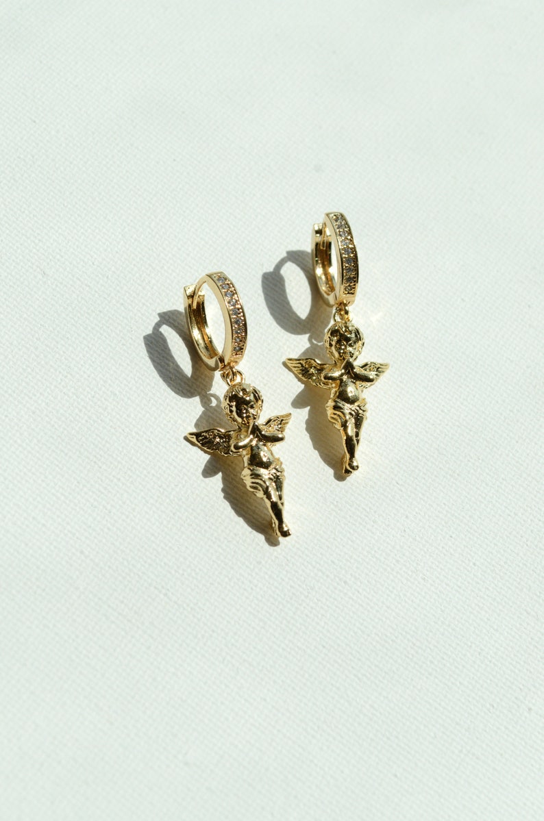 18k Gold Plated Cherubim Baby Angel Charm Dainty Hoop Dangle - Etsy