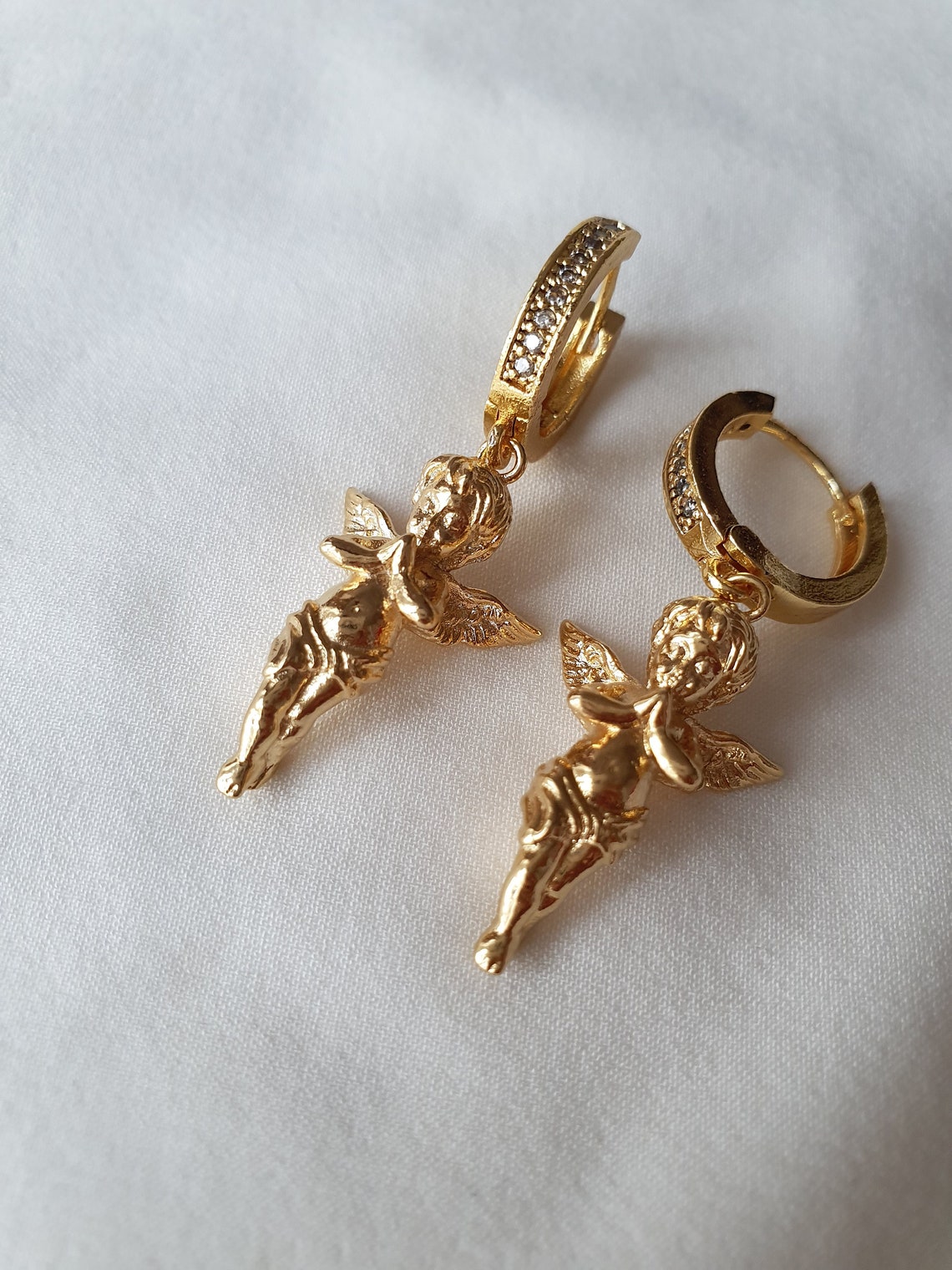 18k Gold Plated Cherubim Baby Angel Charm Dainty Hoop Dangle | Etsy