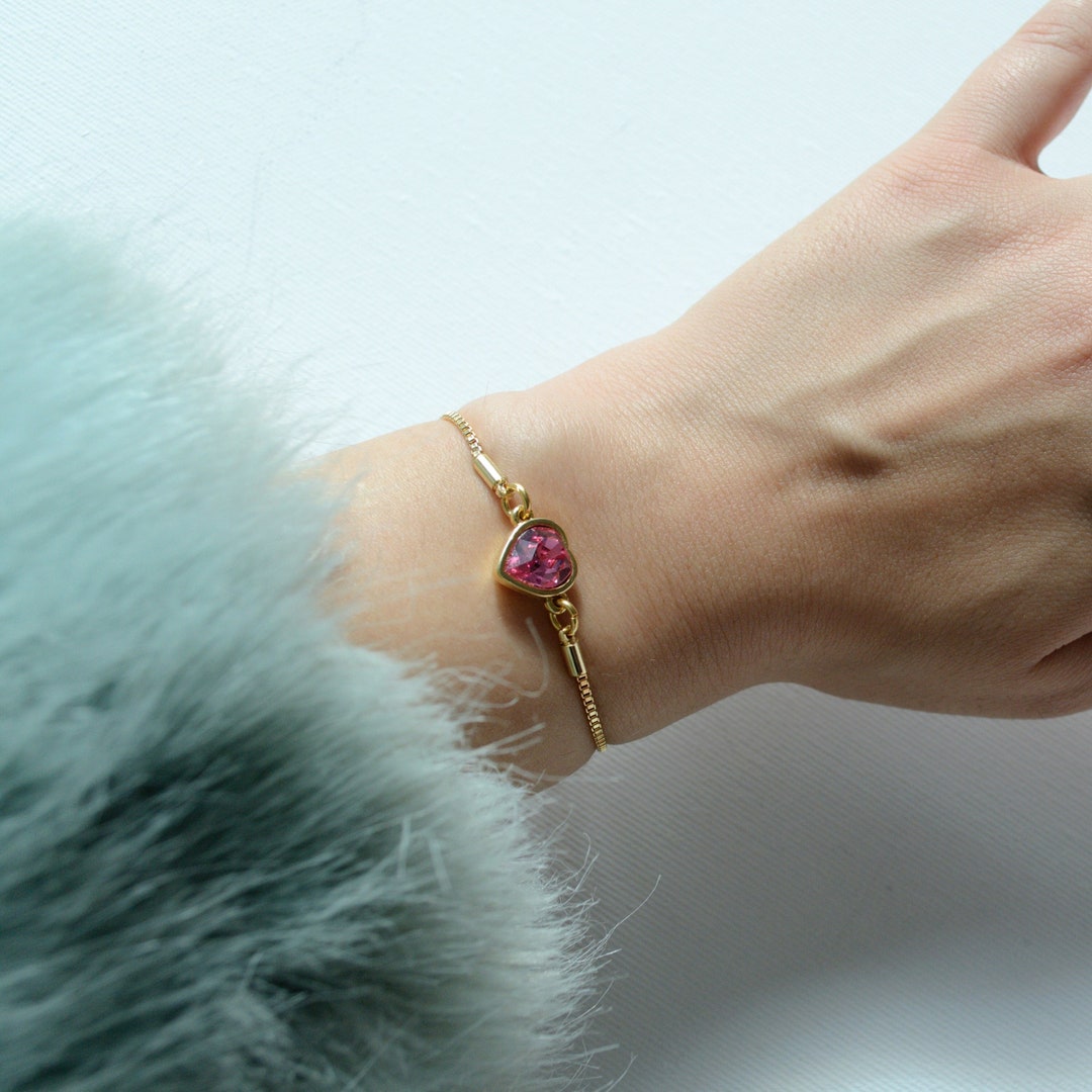 Pink Heart Crystal Bracelet, Gold Plated Dainty Bracelet, Romantic ...