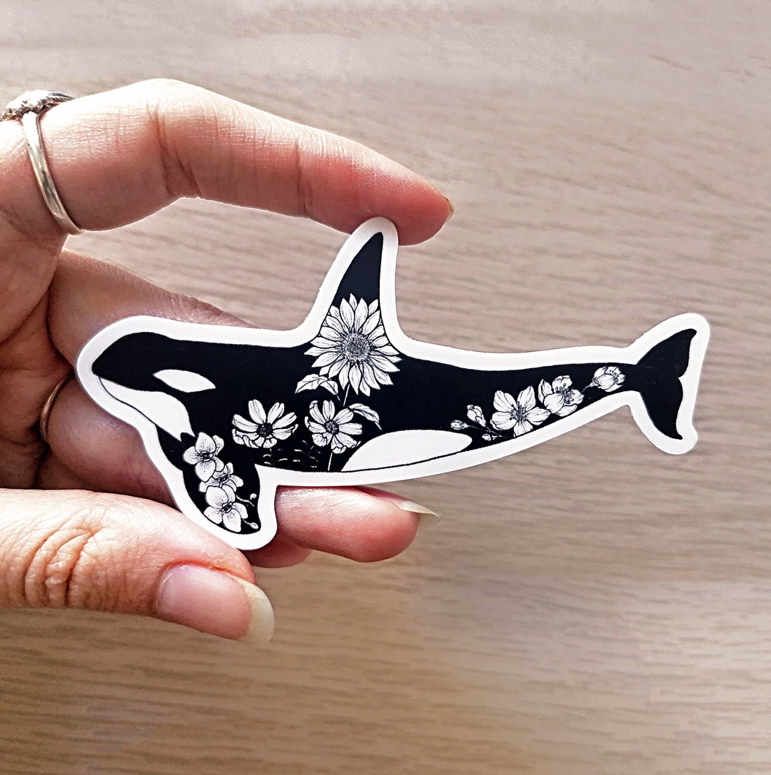ORCA STICKER - Orca Whale With Flowers Sticker - Water Resistant ...