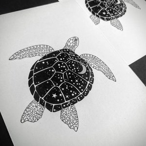 SEA TURTLE Art Print Moon and Stars Sea Turtle Illustration Silver Ink ...
