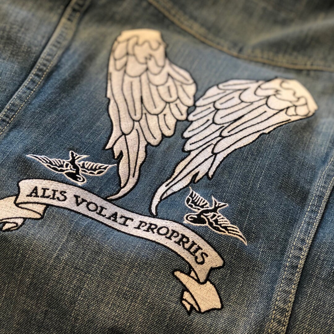 Fully Embroidered Wings and Banner Latin Motto - Vintage Levi's Denim ...