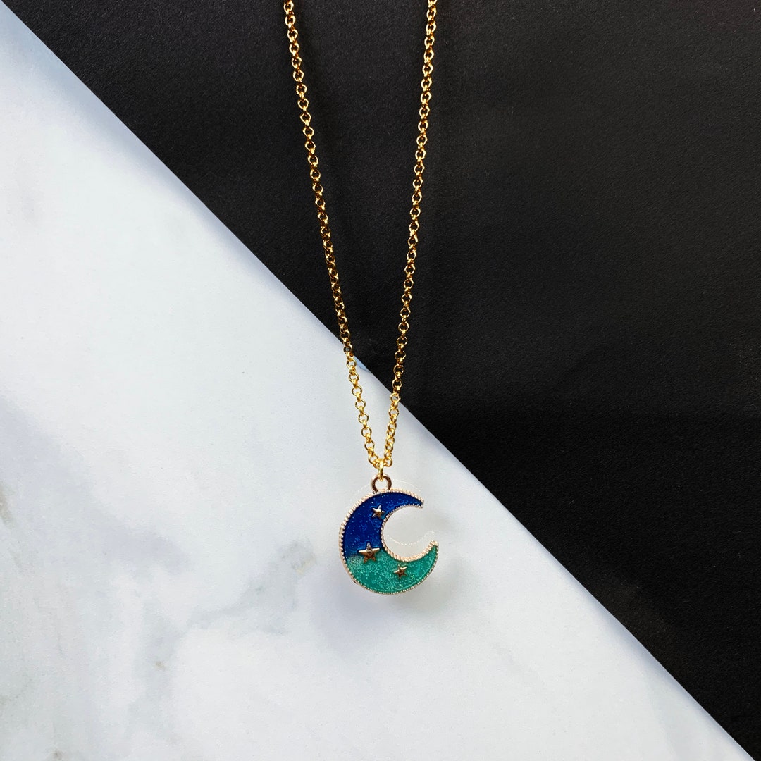 Celestial Blue and Gold Moon Charm Necklace - Etsy