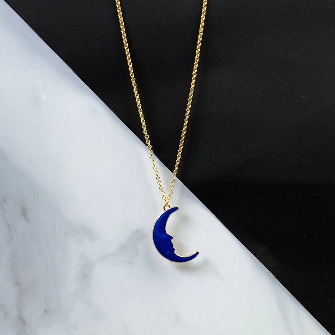 Beautiful Dark Blue Crescent Moon Charm Necklace - Etsy