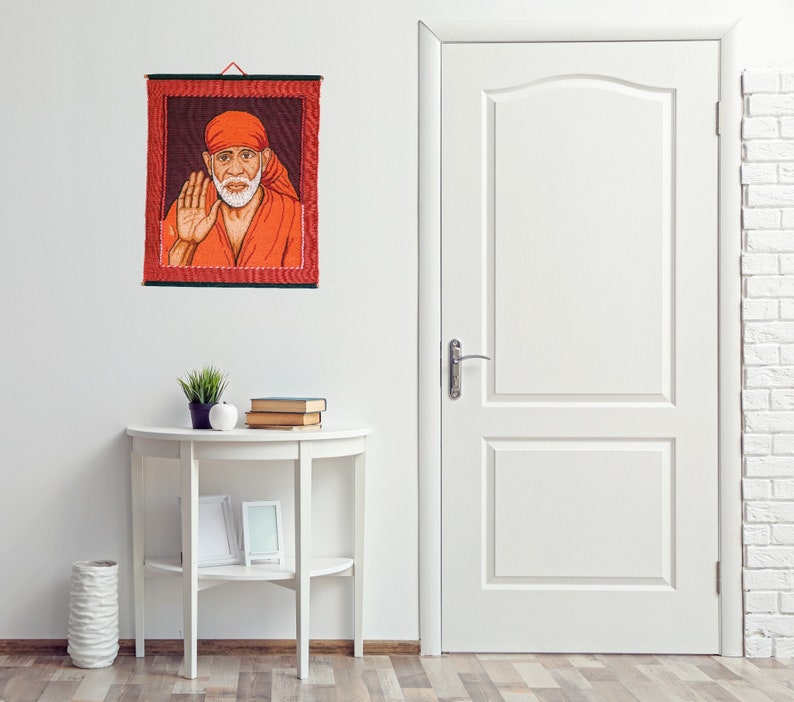 Shirdi Sai Baba Photo Handwoven Hand Loom Cotton Wall Hanging Tapestry ...