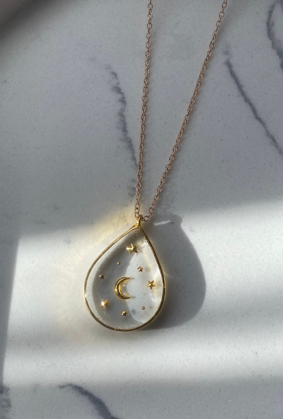 Handmade Golden Star and Moon Clear Teardrop Pendant Necklace, Glass ...