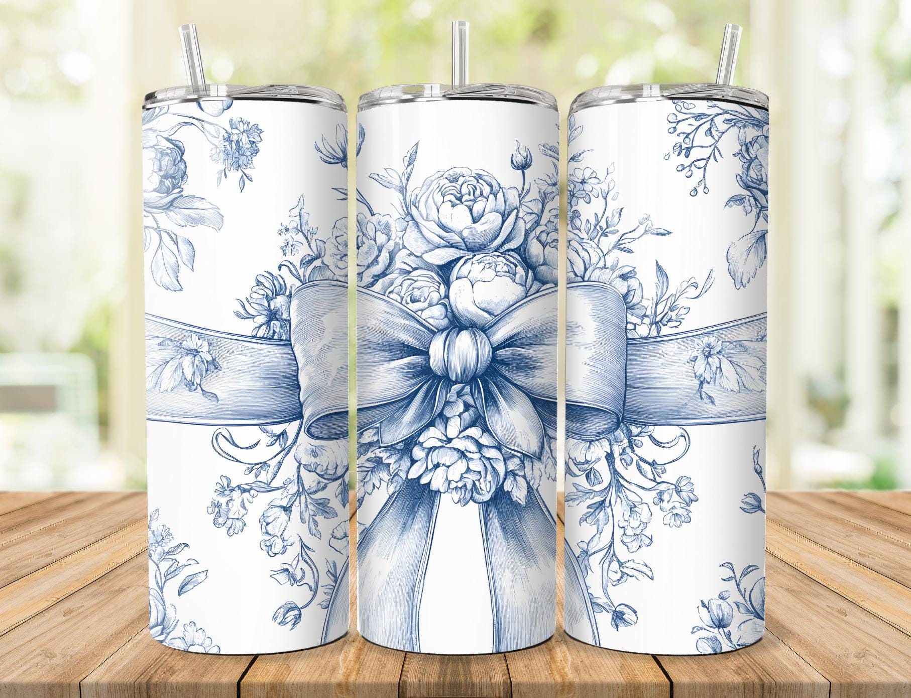 5 Bundle Bow Tumbler Wrap, Blue Chinoiserie Grand Millennial Tumbler ...