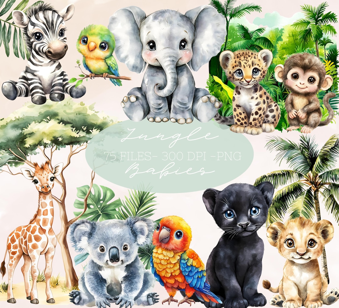 Cute Jungle Animals Clipart, Watercolor Animal Clipart, Baby Shower ...