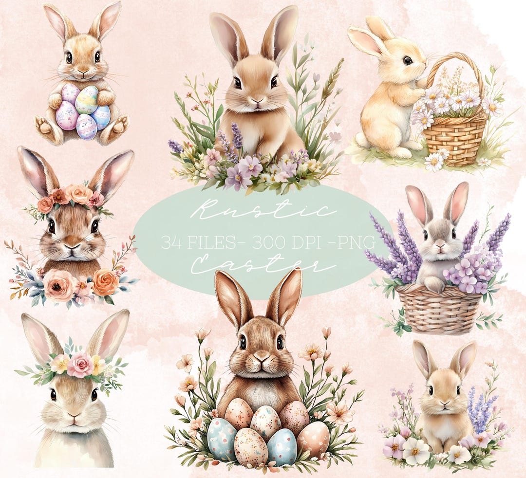 Cute Bunny Clipart, Easter Clipart, Bunnies and Wildflowers Clipart ...