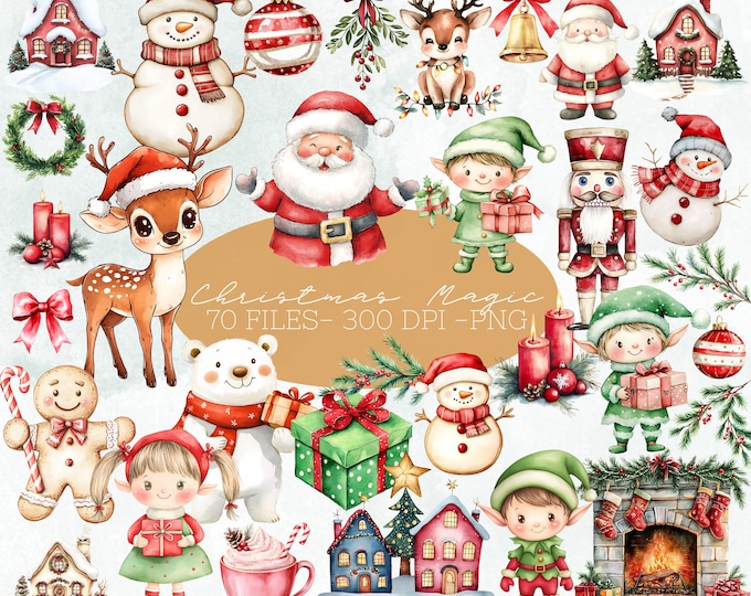 Watercolor Santa's Village Clipart Png Bundle, Reindeer Christmas ...