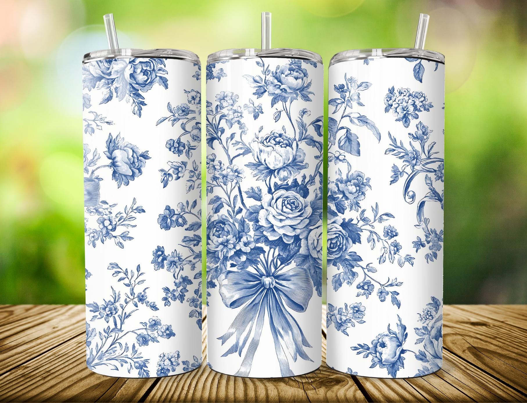 5 Bundle Bow Tumbler Wrap, Blue Chinoiserie Grand Millennial Tumbler ...