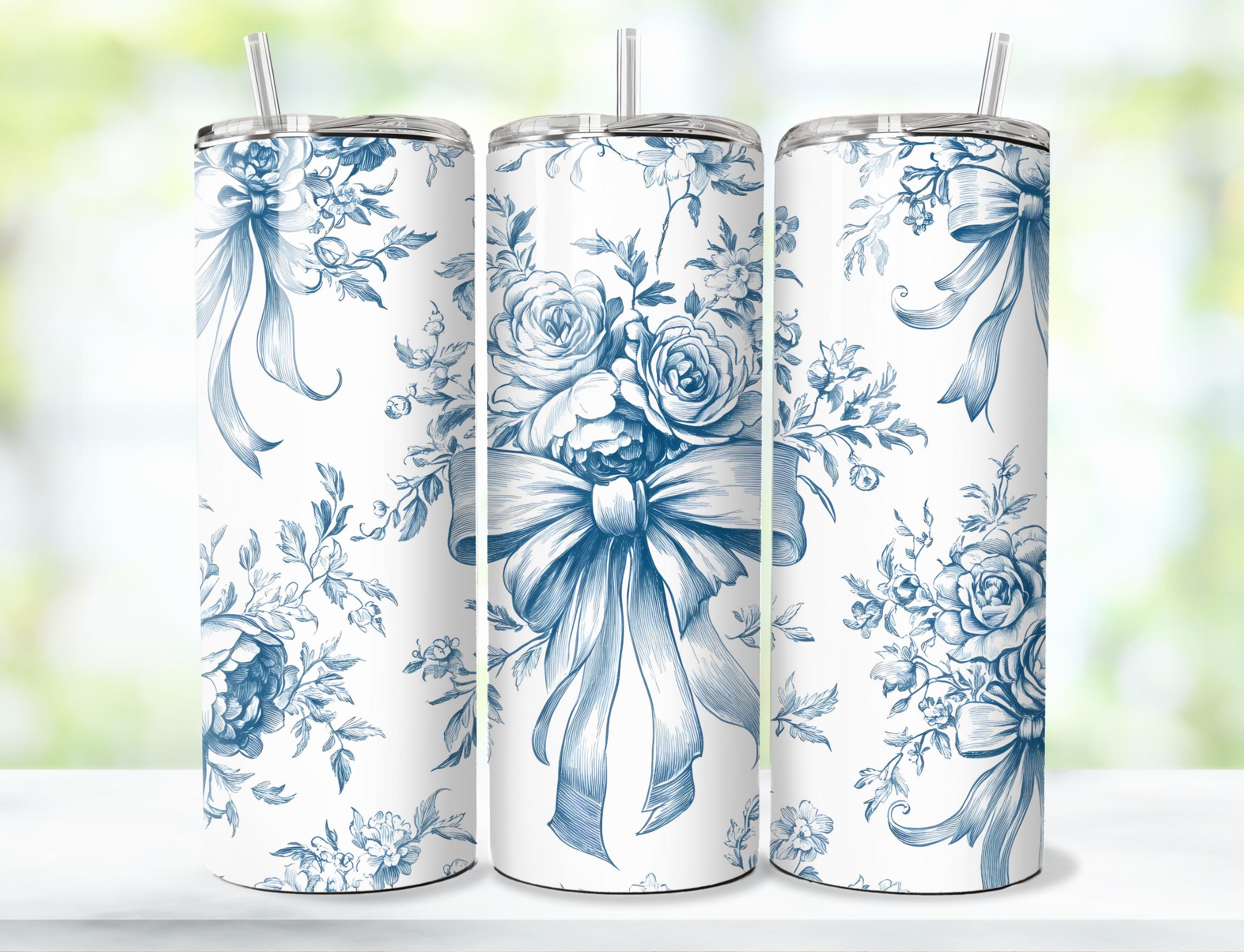 5 Bundle Bow Tumbler Wrap, Blue Chinoiserie Grand Millennial Tumbler ...