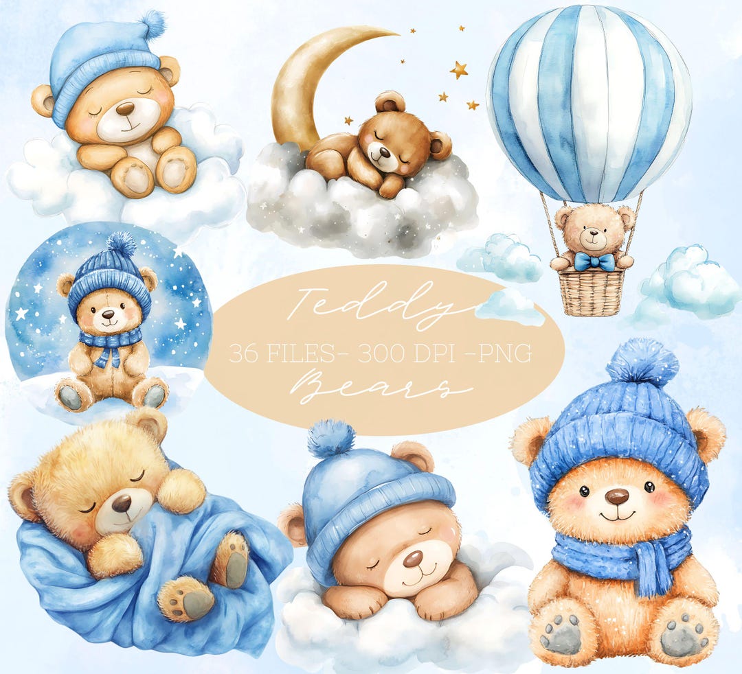 Blue Teddy Bear Clipart, Boy Baby Shower Clipart, Boy Birthday Clipart ...