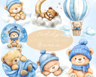 Watercolor Blue Teddy Bear Clipart, Sleepy Teddy Bears, Bear PNG, Cute ...