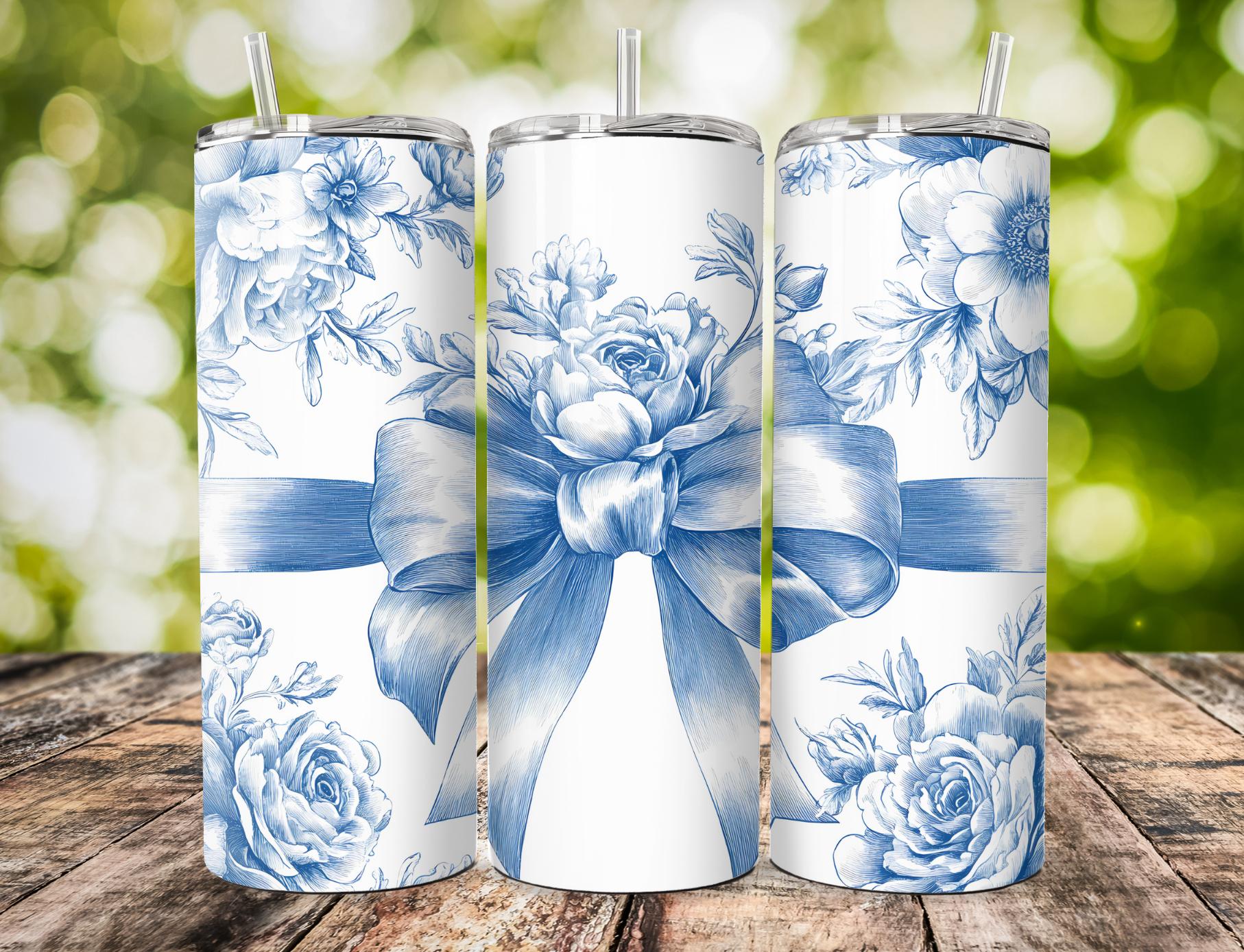 5 Bundle Bow Tumbler Wrap, Blue Chinoiserie Grand Millennial Tumbler ...