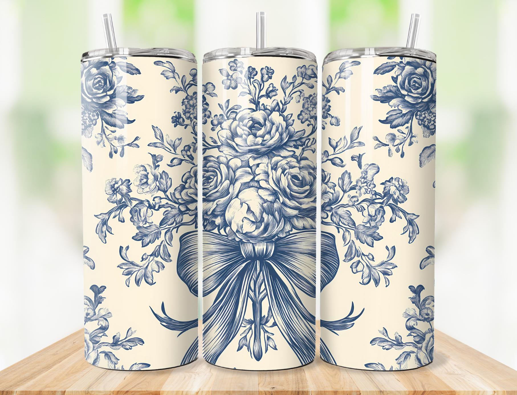 5 Bundle Bow Tumbler Wrap, Blue Chinoiserie Grand Millennial Tumbler ...
