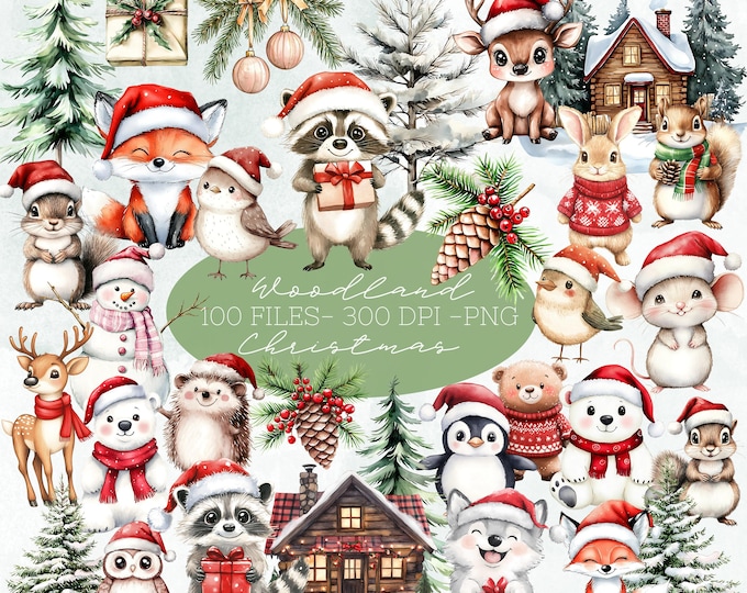 20 Christmas Woodland Animals Clipart, Bear, Fox, Deer, Cute Woodland ...