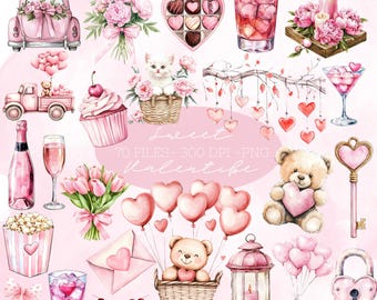 Sweet Valentine Clipart, Watercolor Valentines Day Clipart Bundle ...