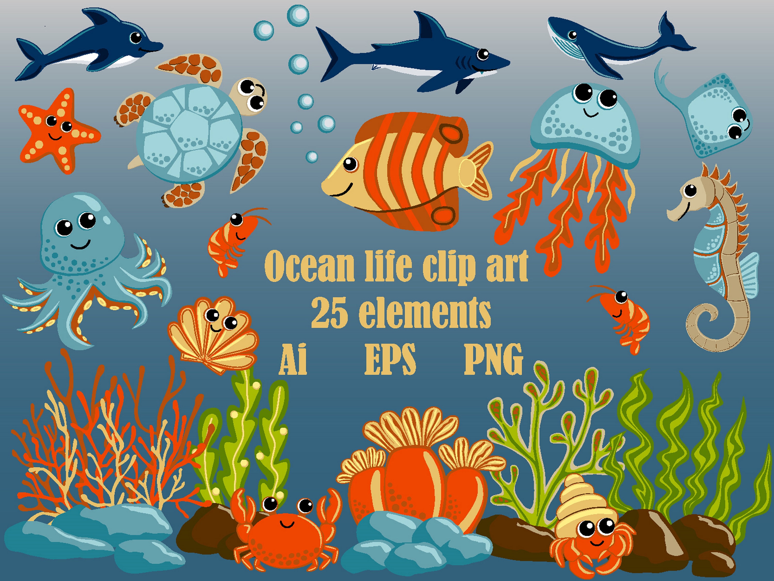Ocean Life Clip Art Marine Inhabitants Sea Animals Clip Art | Etsy
