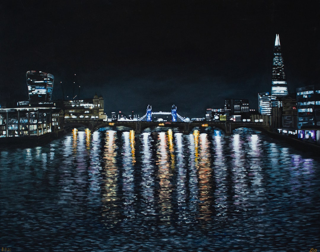 London on the Thames River Night Reflections in the Water-print ...