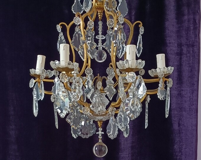 Large Classical French Brass Cage Chandelier Dripping With Cut Leaf ...