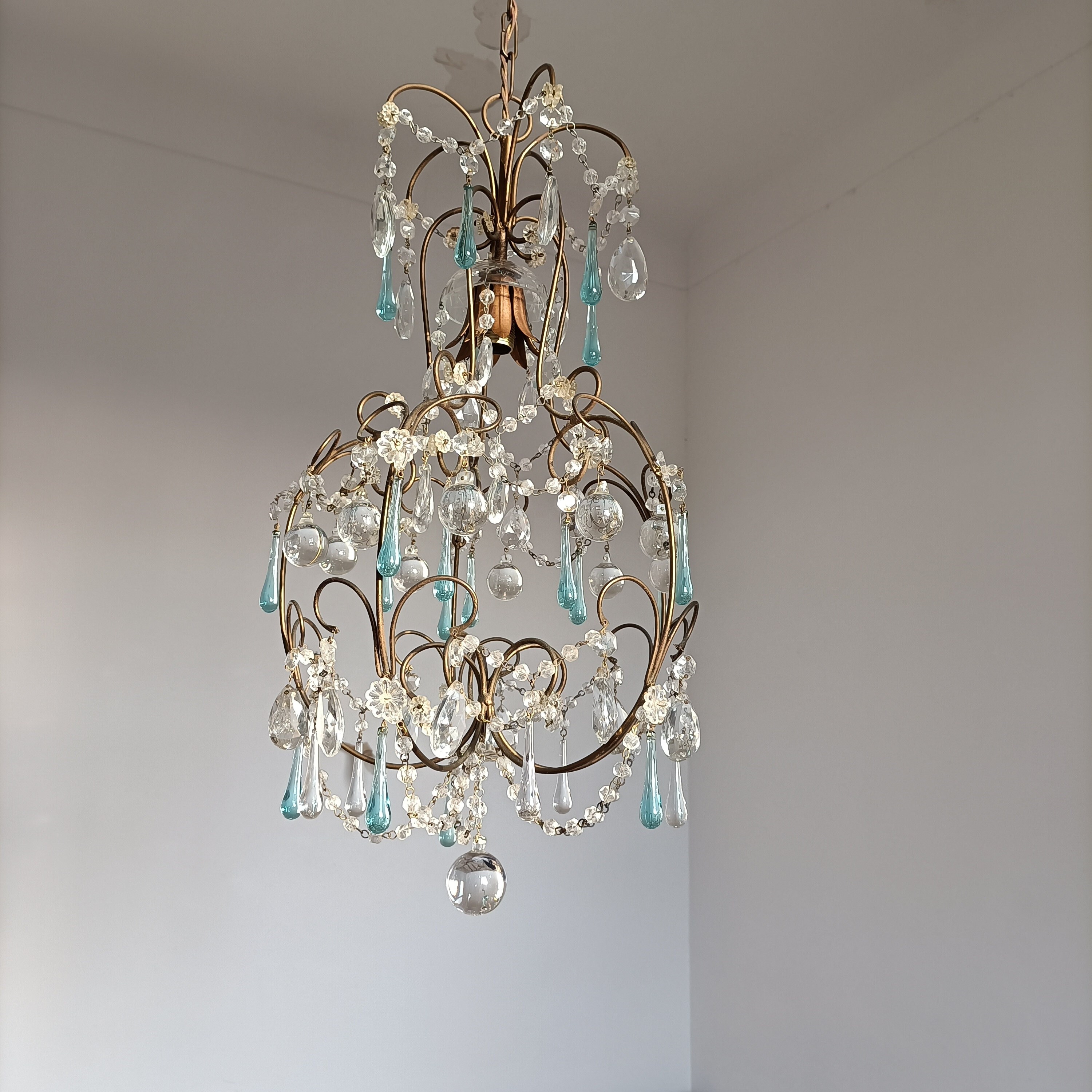 Italian Bird Cage Chandelier With Aqua Blue Murano Drops - Etsy