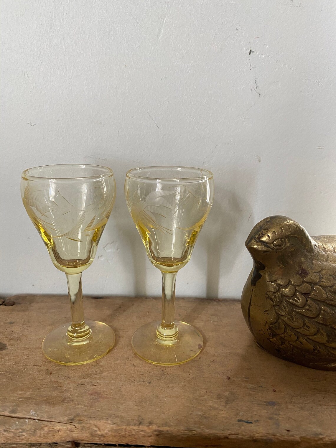 Vintage Set Of Two Yellow Etched Glass Cordial Liqueur Etsy