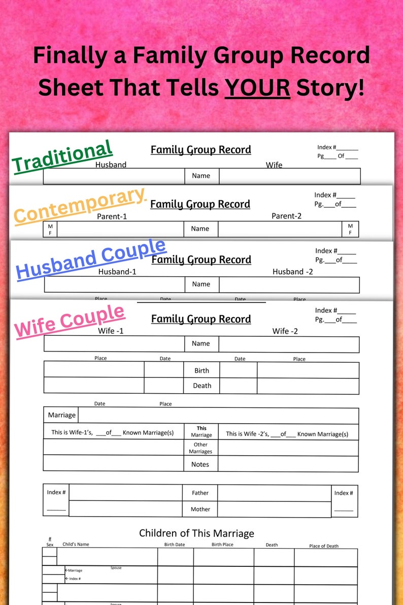 Gender Inclusive, Family Group Record Sheets, Pdf Printable Pages ...