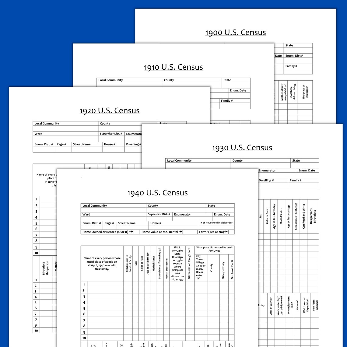US Census Forms, Census Printable Bundle, Genealogy Printable, US 1950 ...
