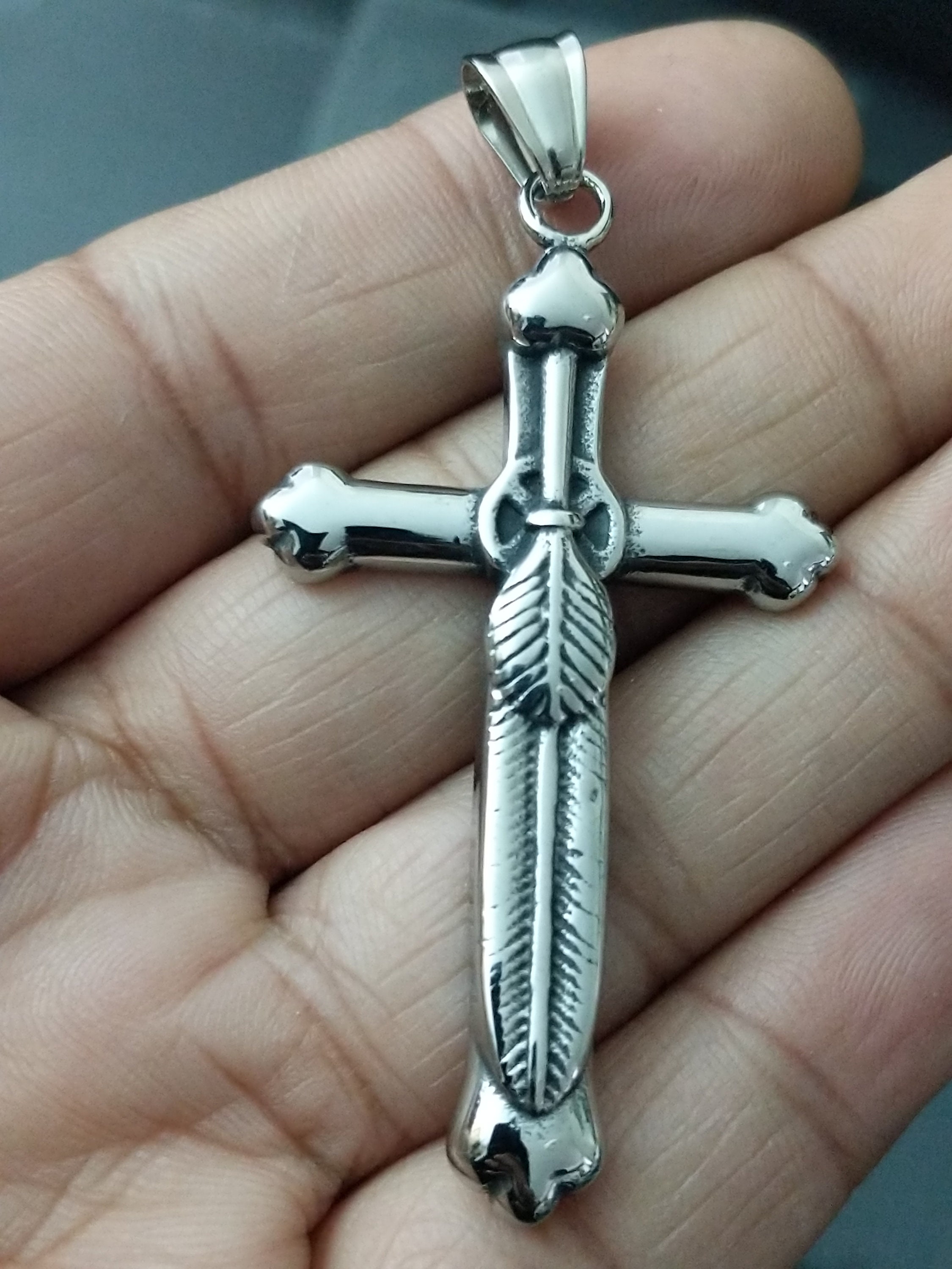 Mens Silver Stainless Steel Native Feather Cross Necklace, Statement ...