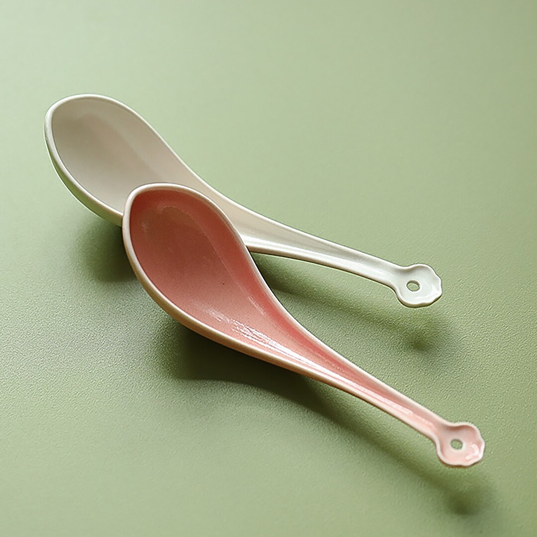 Chinese Ceramic Spoon Set, Pink Spoon, Ramen Spoon, Soup Spoon, Short ...