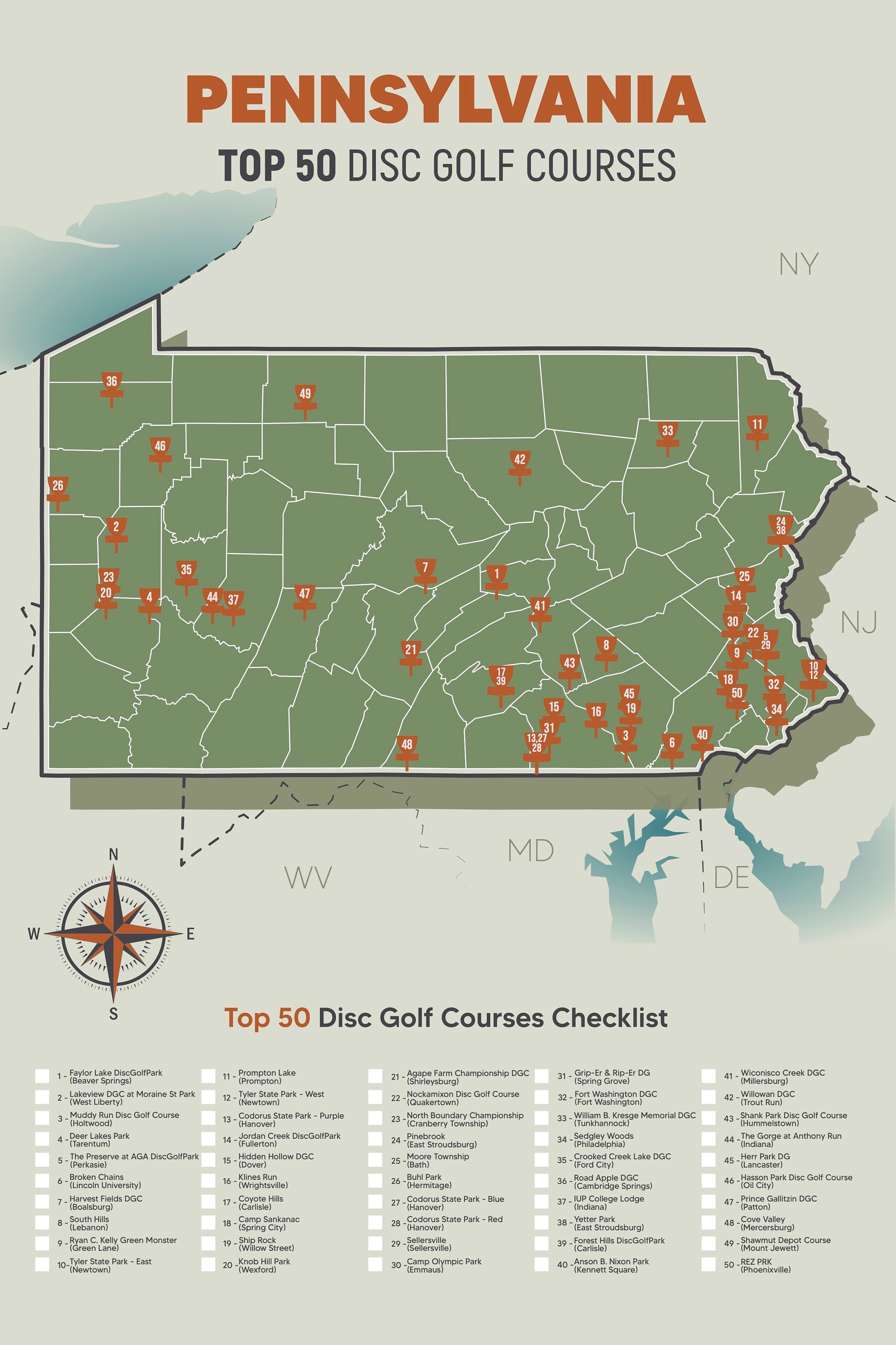Pennsylvania Top 50 Disc Golf Courses Map - Etsy