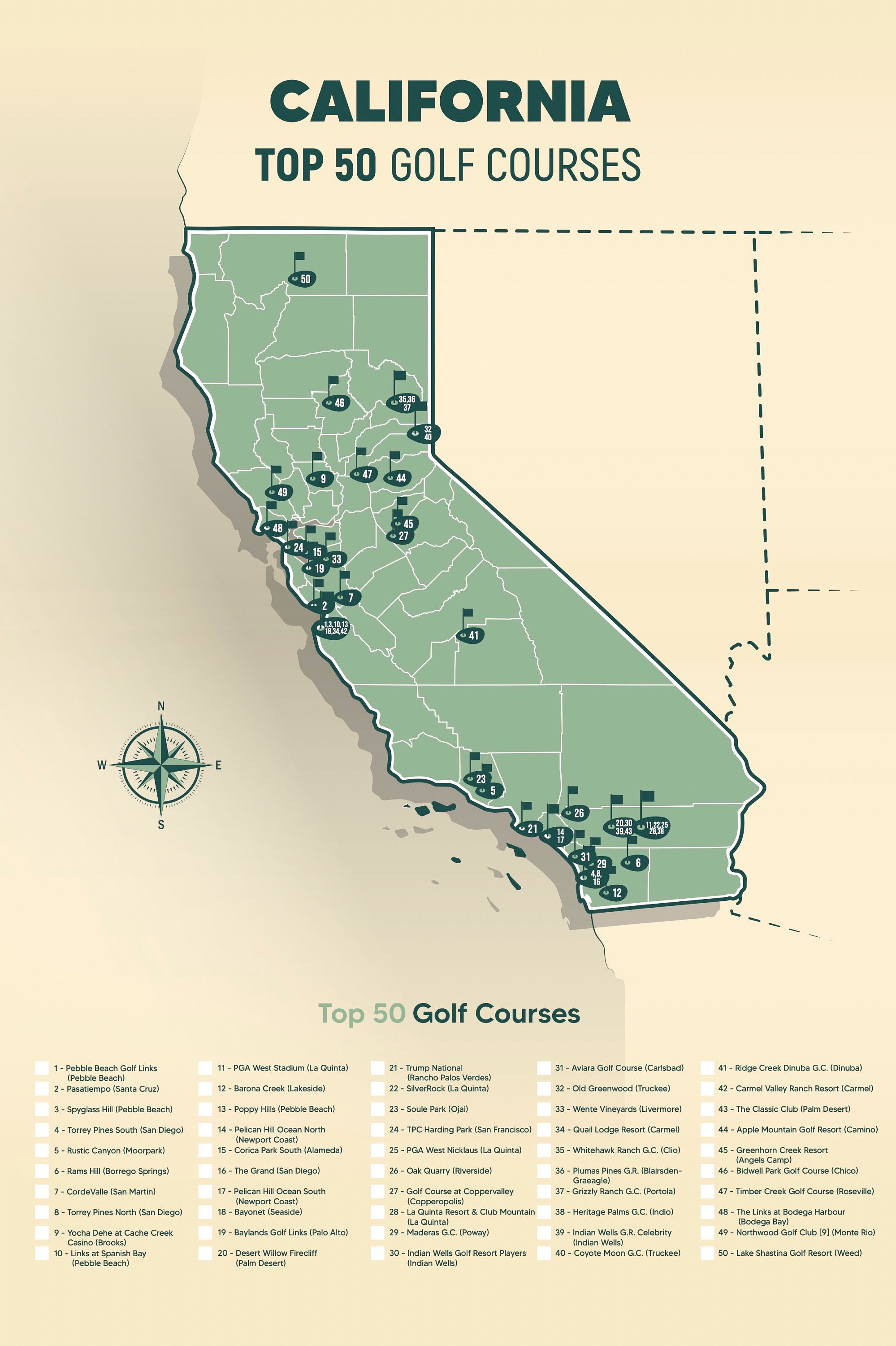 California Golf Top 50 Courses Map - Etsy