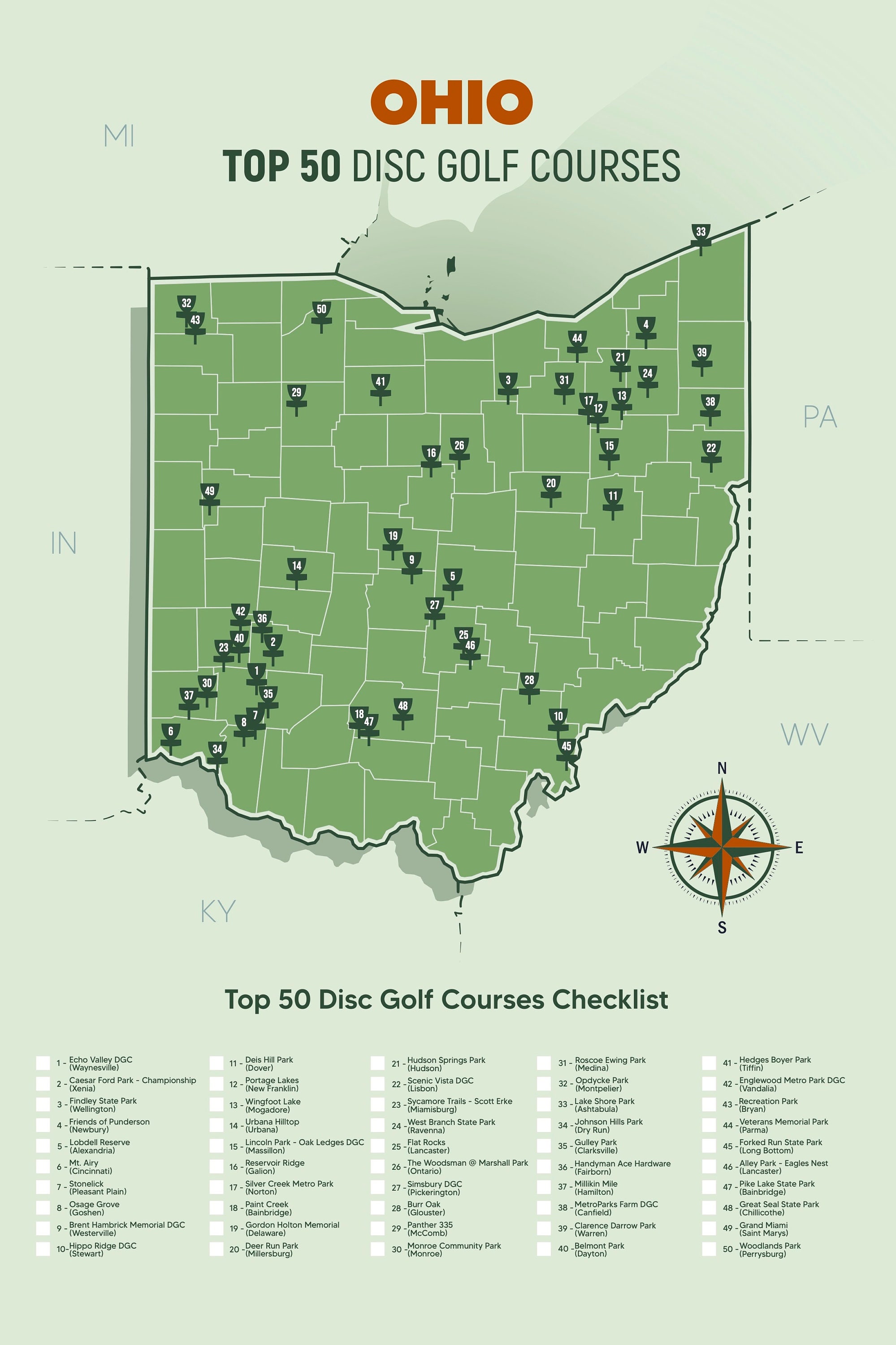 Ohio Disc Golf Top 50 Courses Map - Etsy