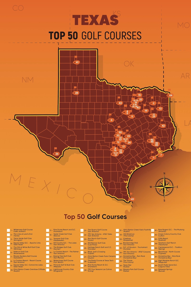 Texas Golf Top 50 Courses Map - Etsy