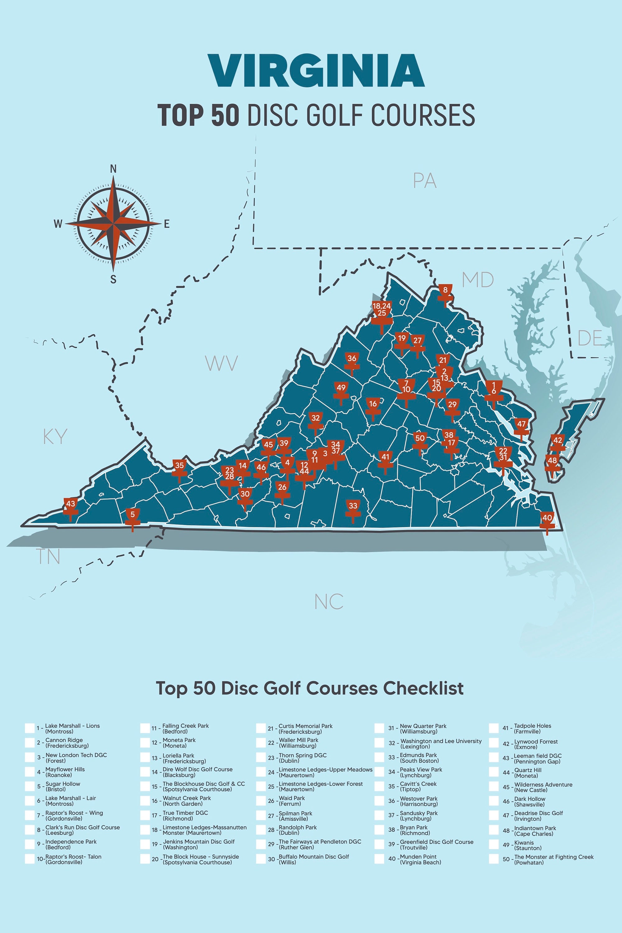 Virginia Disc Golf Top 50 Courses Map - Etsy