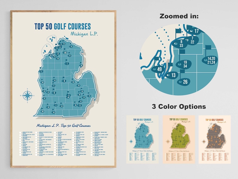 Michigan Top 50 Golf Courses Map - Etsy