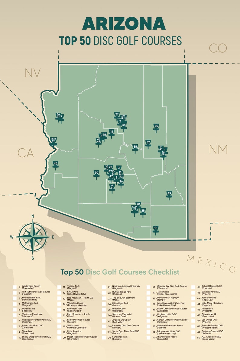 Arizona Disc Golf Top 50 Courses Map - Etsy