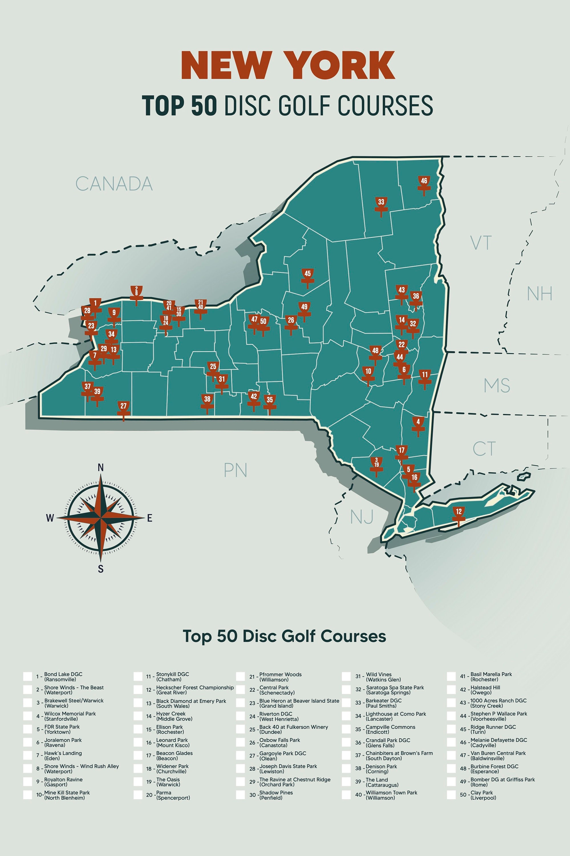 New York Disc Golf Top 50 Courses Map - Etsy