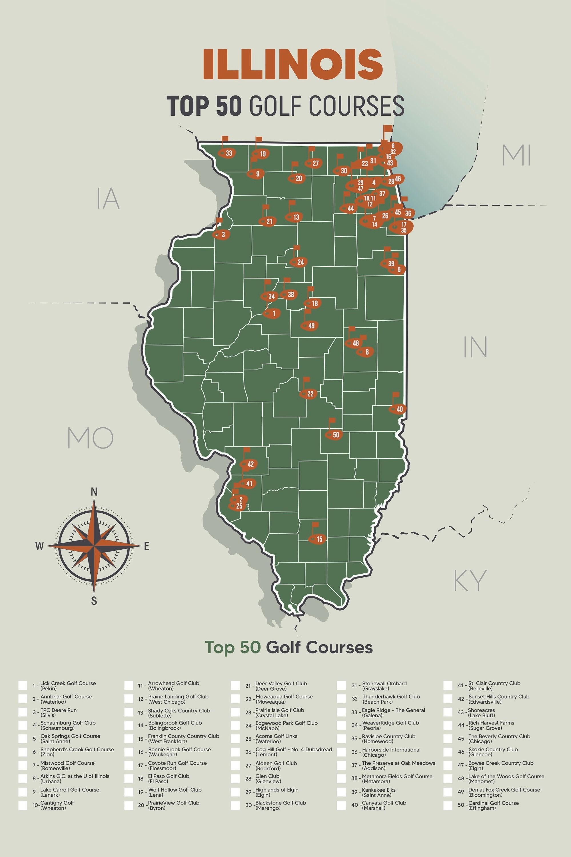 Illinois Golf Top 50 Courses Map - Etsy