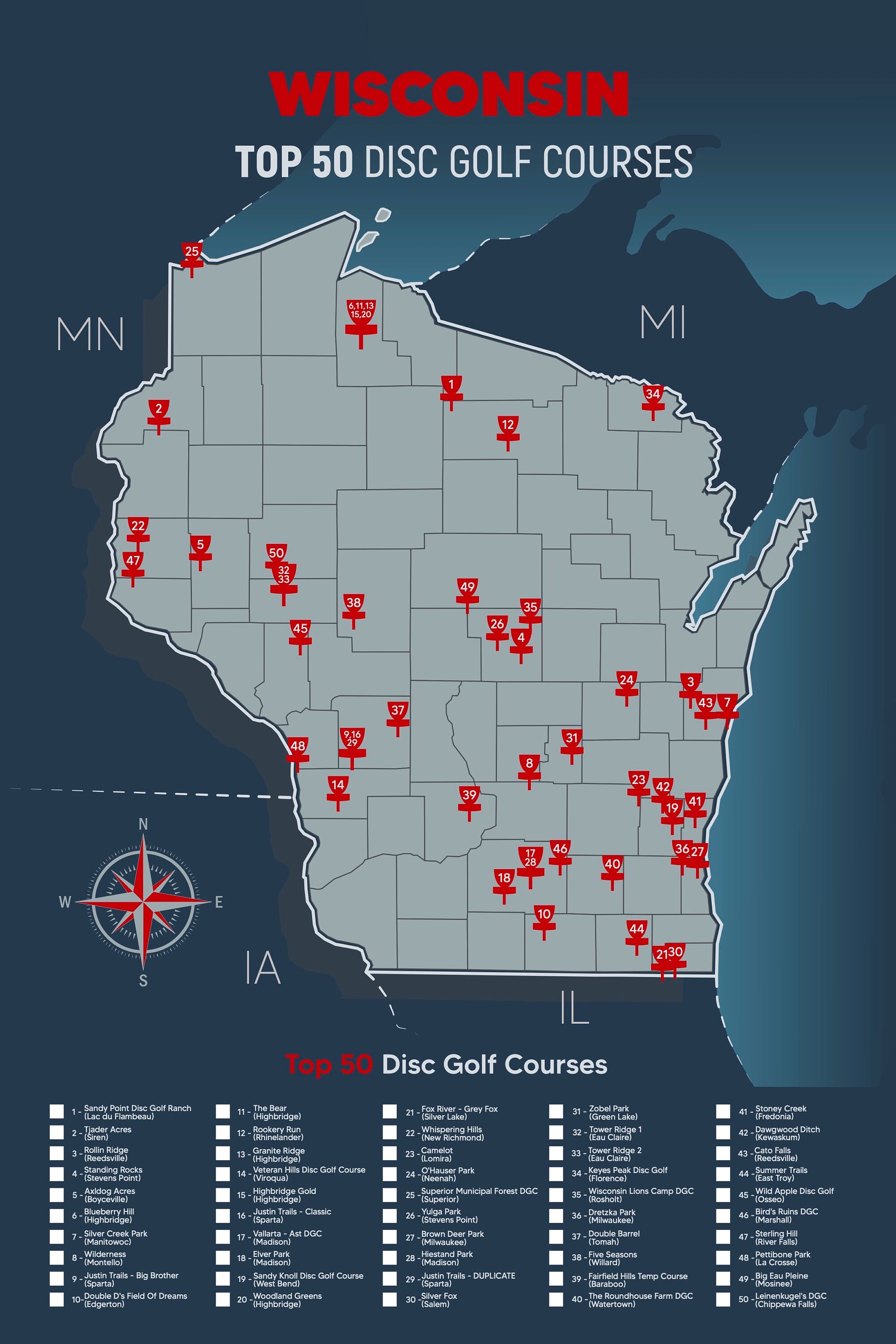 Wisconsin Top 50 Disc Golf Courses Map - Etsy