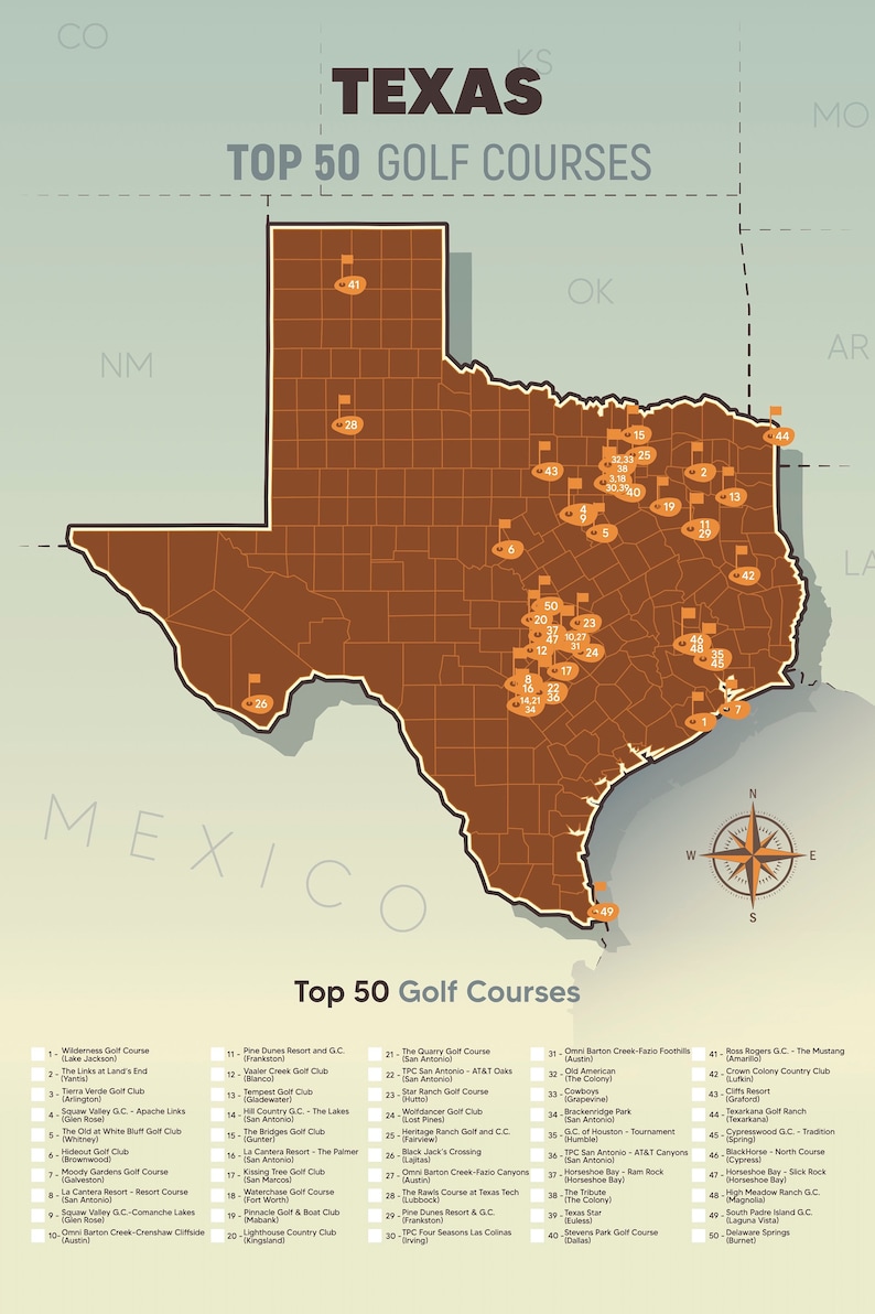 Texas Golf Top 50 Courses Map - Etsy